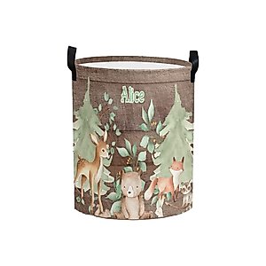 zaaprintblanket Laundry Basket Customized Name Organizer Storage Round Baskets Foldable Laundry Hamper with Handle for Nursery Bedroom Decor (Woodland Tree Animals)