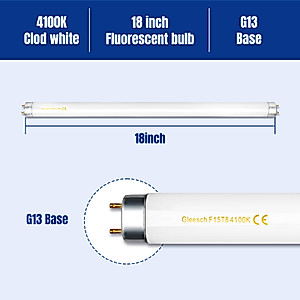 F15T8/CW 15W 18" T8 Fluorescent Linear Tube Bulb 1.5 Feet Cool White Light 4100K G13 Base 2 Pack…