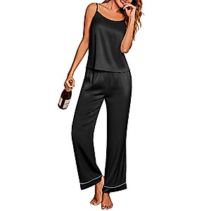 Ekouaer Silk Pajamas for Women Cami Top and Long Pants Sleepwear Cozy Pj Sleep Set with Pockets(Black,S)