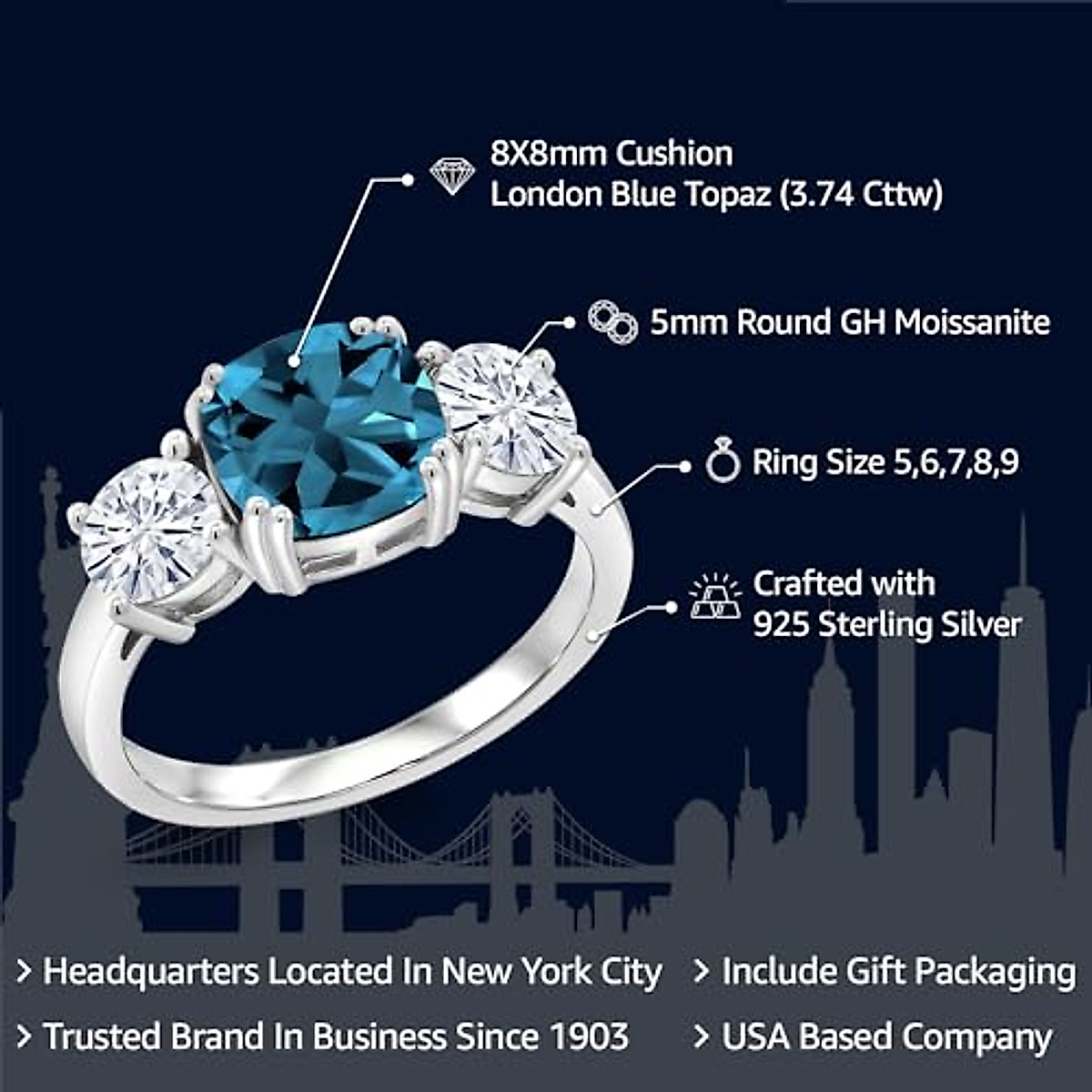 Gem Stone King 925 Sterling Silver London Blue Topaz and White Moissanite 3 Stone Engagement Ring For Women (3.74 Cttw, Gemstone November Birthstone, Cushion 8MM, Size 6)