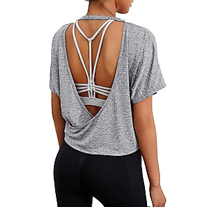 COZYEASE Women's Backless Short Sleeve Sports Tee Round Neck Solid Casual Yoga Workout Tee Tops Grey M-CEZWJ1215 -CEHYN20240923