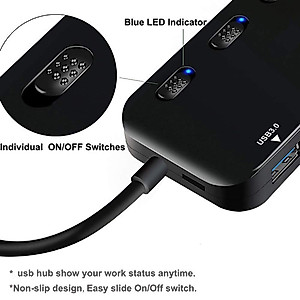 USB 3.0 Hub Splitter - USB Extender 4 Port USB Ultra Slim Data Hub with Individual Power Switch and LED for Laptop, Computer, PC, Thumb Driver and More