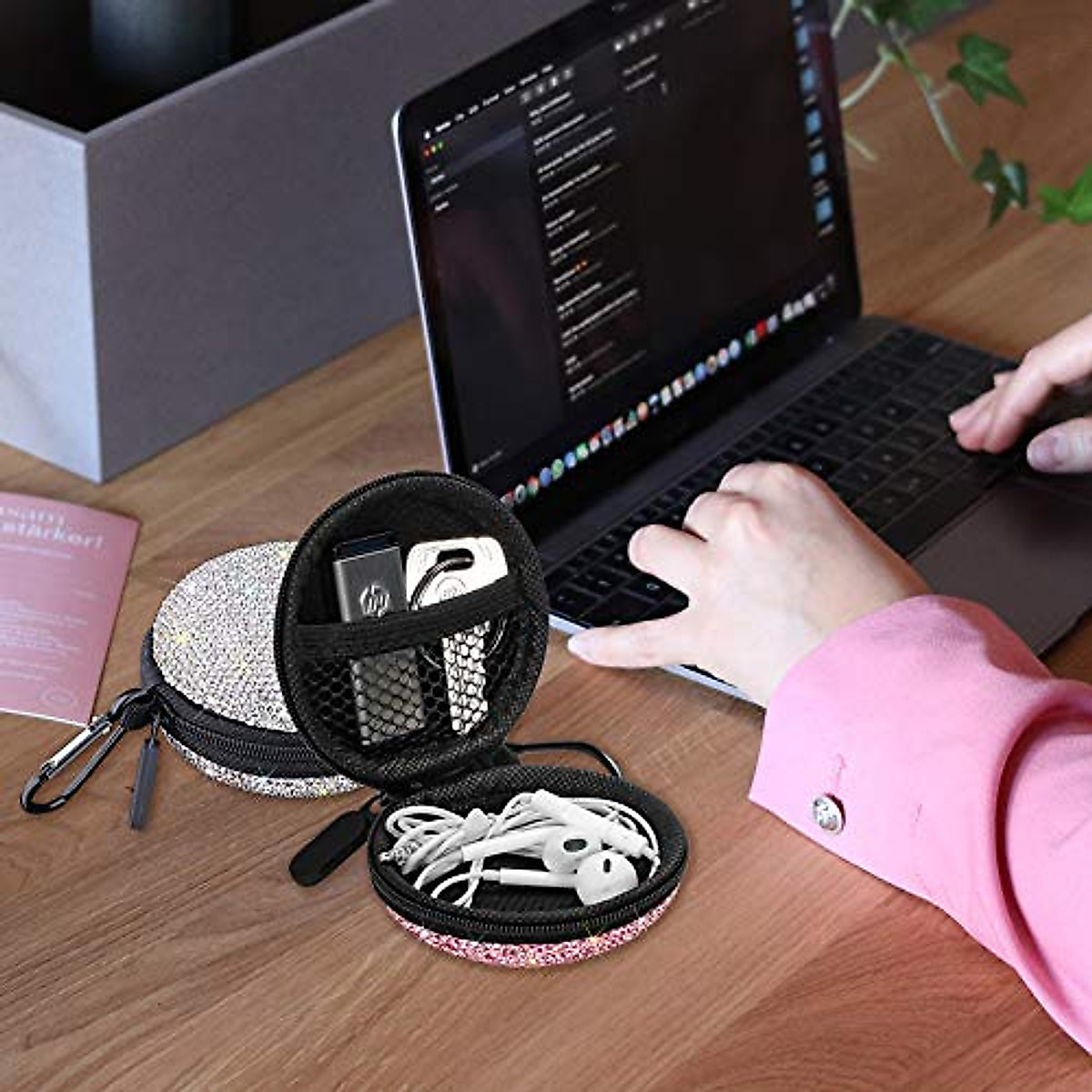 SAVORI Earphone Case Earbuds Small Carrying Cases Bling Rhinestone Crystal Portable Headphone Organizer Storage Pouch Bag with Carabiner 1 Pack (Pink)