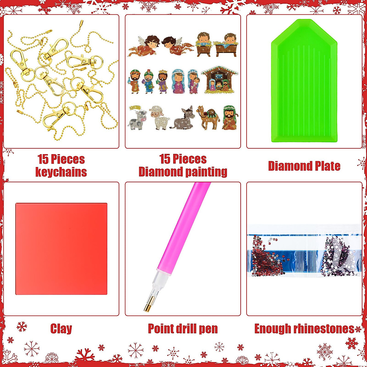 Remuuly 15 Pcs Christmas Nativity Scene Diamond Painting Keychain Christmas Hanging Ornaments 5D DIY Diamond Painting Decor Diamond Art Ornaments for Xmas Gift Holiday Craft