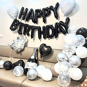 Black Birthday Party Decorations Happy Birthday Balloons Banner with Black and White Balloons Set For Women Men Boy Girls Champagne Birthday Decor