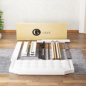 CXVX Full Size Platform Bed Frame with Headboard, Button Tufted & Rivet Design, No Box Spring Needed, Easy Assembly, No Noise, White Faux Leather