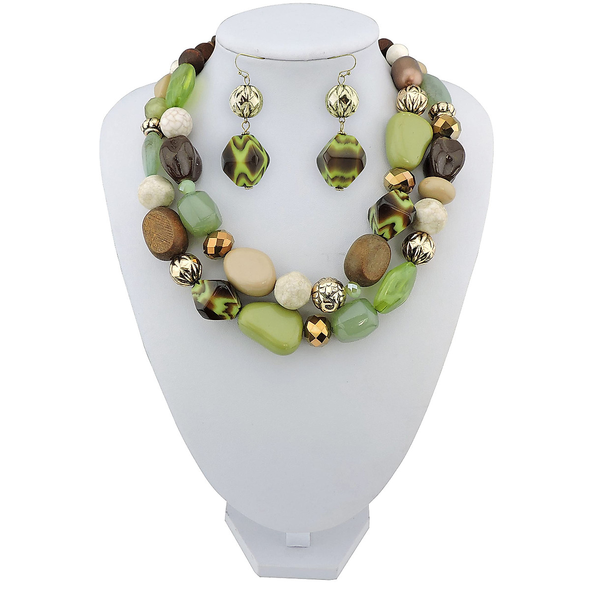 Bocar 2 Layer Statement Chunky Beaded Fashion Necklace Earrings Set for Women Gifts (NK-10384-olive-set)