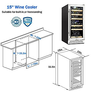 Tylza Mini Fridge 15 Inch Wine Cooler Under Counter, 30 Bottle Dual Zone Wine Fridge with Stainless Steel, Wine Refrigerator Freestanding, and Built-in Wine Cellars