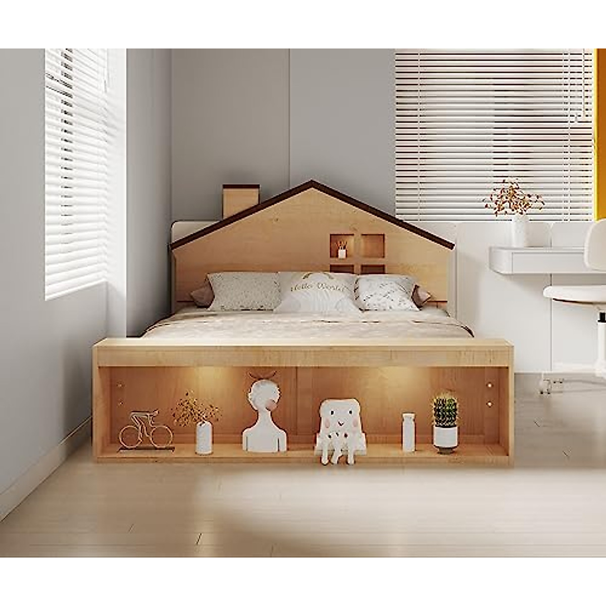 Melpomene Full Size Wood House Bed with LED Lights, Kids Platform Bed Frame with Storage Footboard for Girls, Boys,Natural