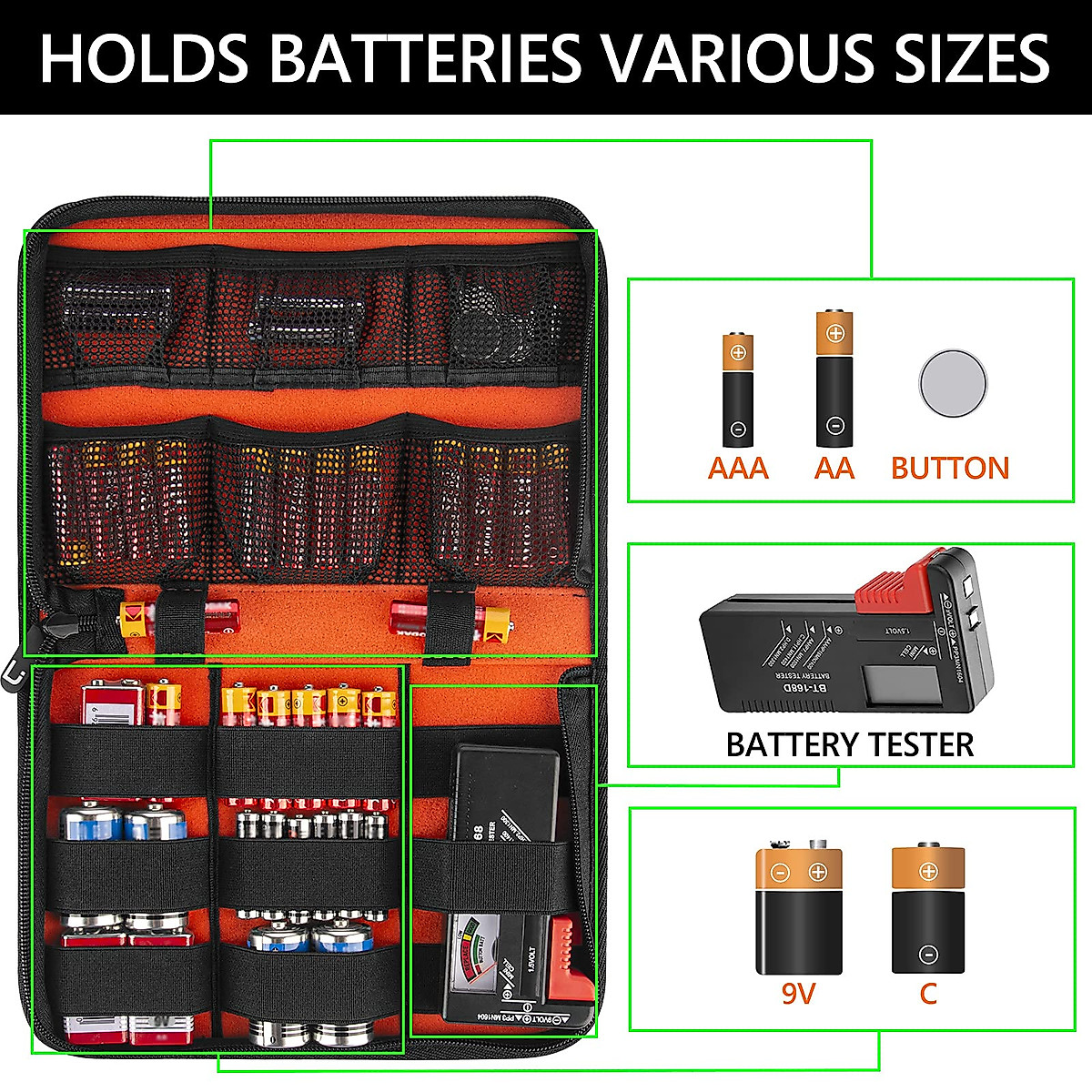 Linkidea Hard Battery Organizer Storage Box, Carrying Case Bag Holder with Battery Tester BT-168, Holds Various Sizes AA AAA C 9V Batteries