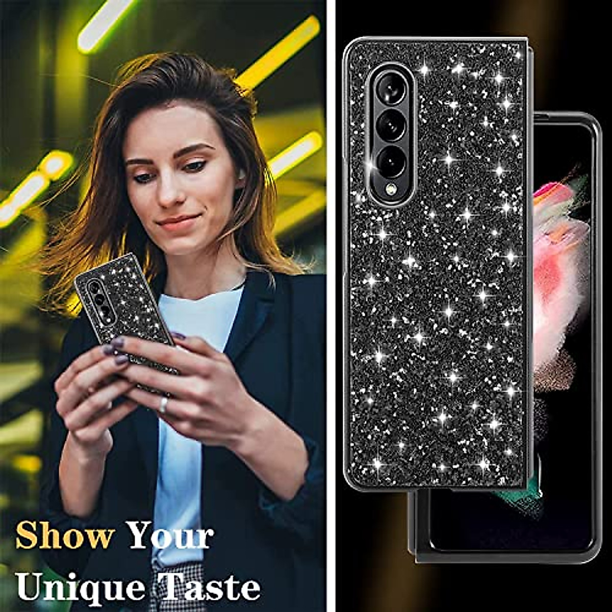 Z Fold 3 Glitter Case for Samsung Galaxy Z Fold3 5G Phone Case for Women Girls, Slim Ultra Thin Matte Back Shockproof Protective Cover for Samsung Z Fold 3 5G, 7.6" Crystal Bling Case (Black)