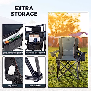 Overmont Oversized Camping Folding Chair Heavy Duty Steel Frame Collapsible Padded Arm Chair with Cup Holder Cooler Pocket Quad Lumbar Back, Portable for Outdoor Beach Fishing Support 385 LBS