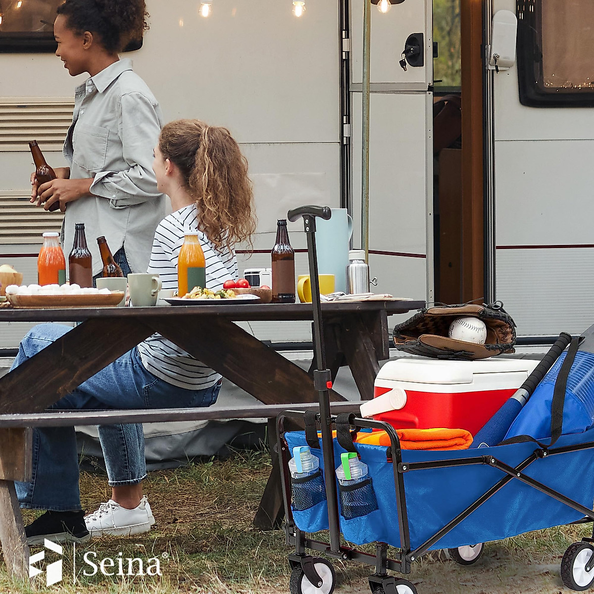 Seina Heavy Duty Steel Compact Collapsible Folding Outdoor Portable Utility Cart Wagon w/All Terrain Rubber Wheels and 150 Pound Capacity, Black/Grey