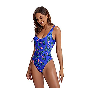MIAIULIA Women's Retro 80s/90s Inspired High Cut Low Back Padding One Piece Swimwear Bathing Suits 90s Pattern RoyalBlue S