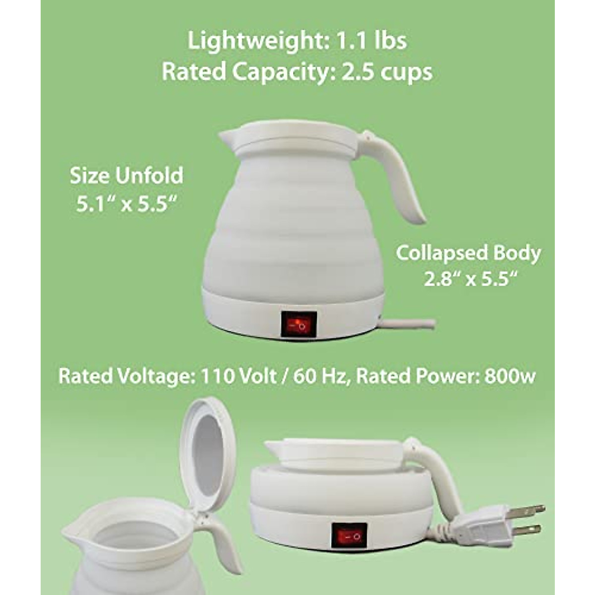 Roadfare Ultrathin Collapsible Kettle - Food Grade Silicone Travel Kettle - Foldable Mini Electric Tea Kettle