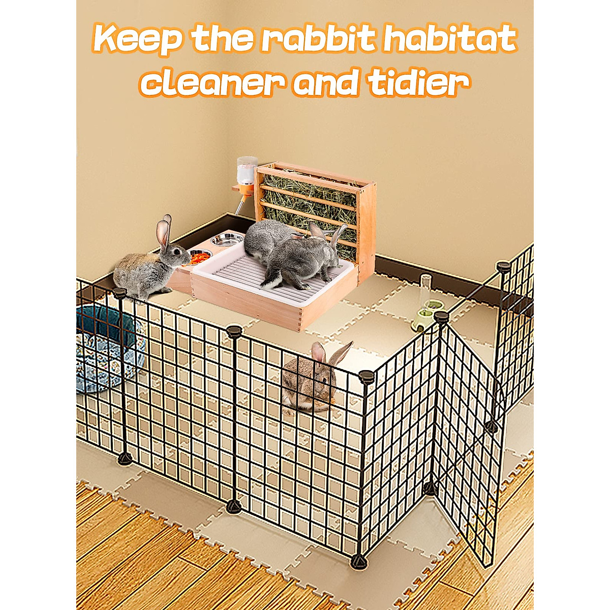 4 in 1 Rabbit Hay Feeder with Litter Box Bowls & Water Feeder, Safe Wooden Bunny Feeder Manger, Hay Holder Rack Toilet for Guinea Pig Hamster Small Animals