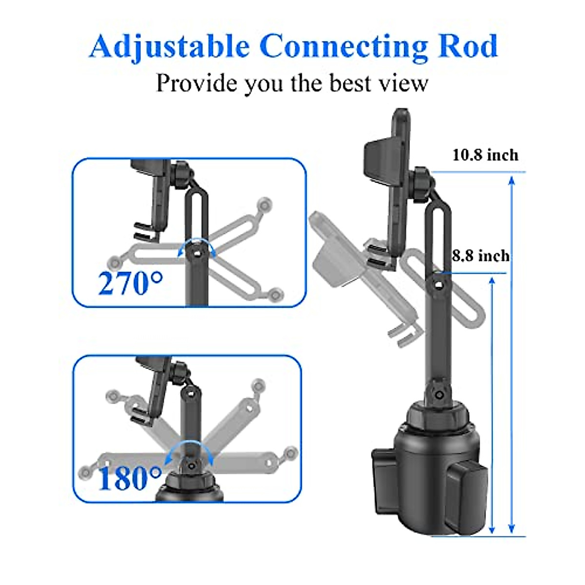 Cup Holder Phone Mount for Car, Car Phone Holder Mount with Expandable Base, Adjustable Height Car Phone Holder for iPhone Samsung and 4-6.7in Cell Phones, Cup Phone Holder for Car/SUV/Truck