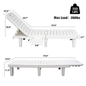 LUCKYERMORE Outdoor Chaise Lounge, Patio Lounge Chairs for Outside, 74" Pool Lounge Chairs wih 4 Level Adjustable Backrest, 350lbs Weight Capacity Plastic White Pool Furniture, Waterproof