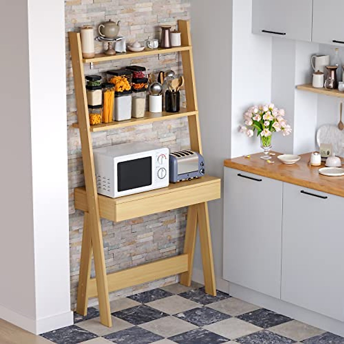 Tangkula Ladder Desk with Countertop & Drawer, Freestanding 2-Tier Ladder Shelf Desk, Modern Computer Desk Laptop Table with Storage Bookshelf, Anti-Toppling Device (Natural)