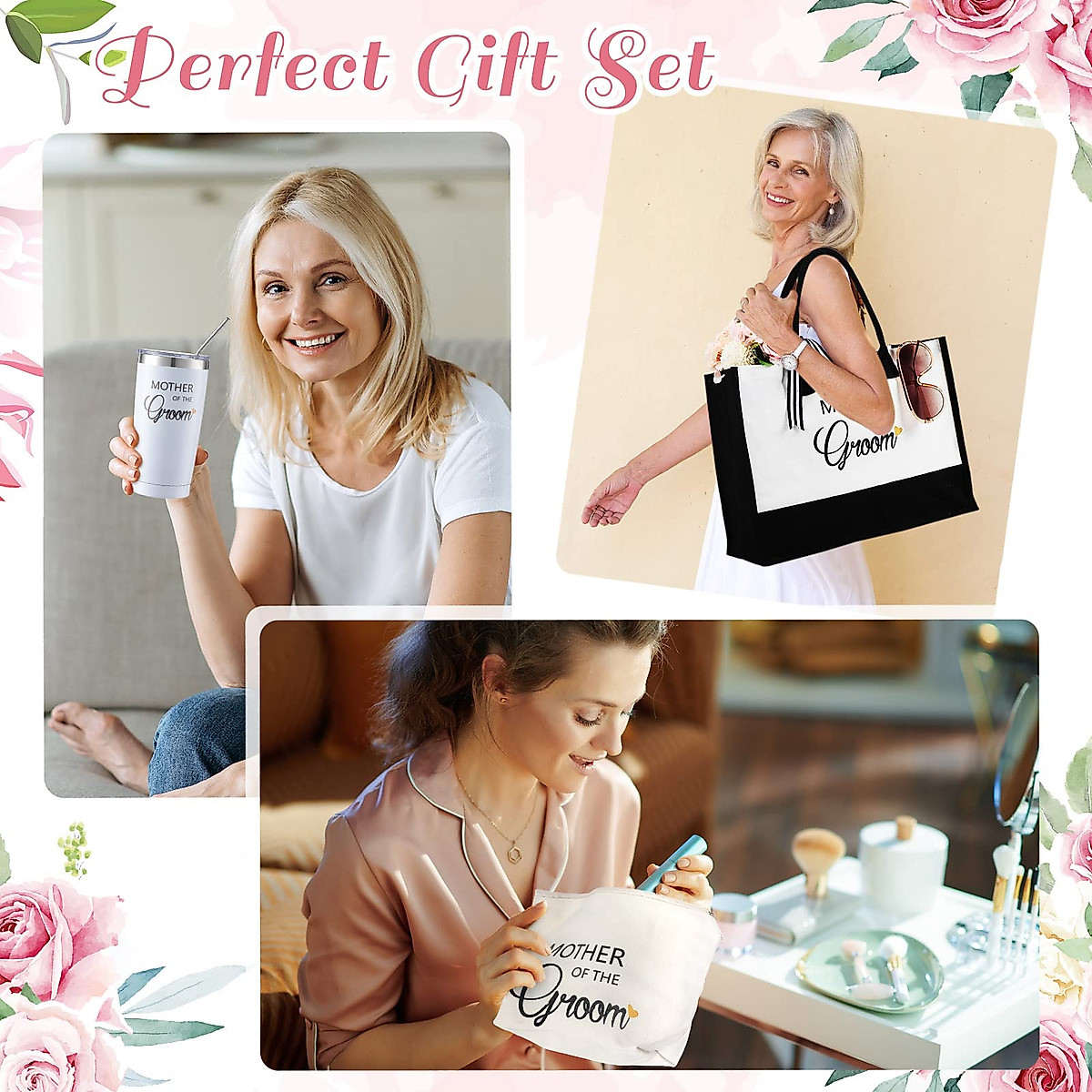 Tudomro 3 Pcs Mother of the Groom Bride Bridal Shower Wedding Gift Canvas Tote Bag Makeup Bag Glass Cup with Lid Straw(Basic Style)