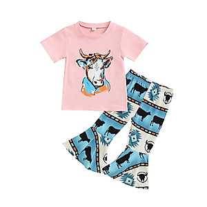 Bmnmsl Baby Toddler Girl Clothes Summer 2T 3T 4T 5T Outfits Short Sleeve Top & Flared Pants Sets Kids Cattle Tiger Pattern (Cows-Pink, 2-3T)