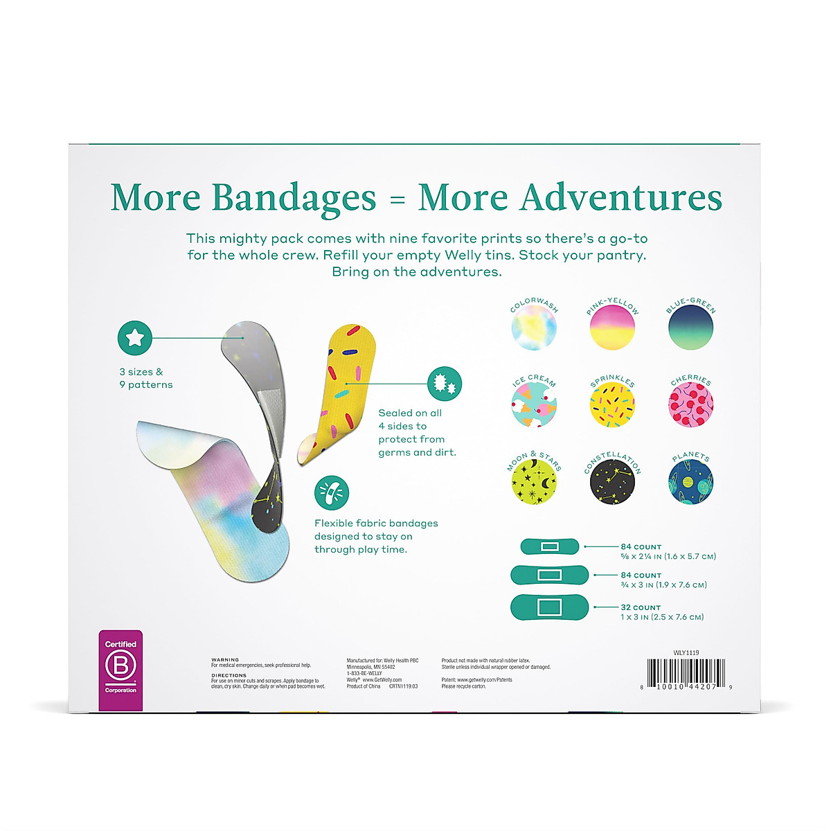 Welly Bandage Refill Ready Pack | Adhesive Flexible Fabric Bandages | Bulk Assorted Shapes and Patterns for Minor Cuts, Scrapes, and Wounds - 200 Count