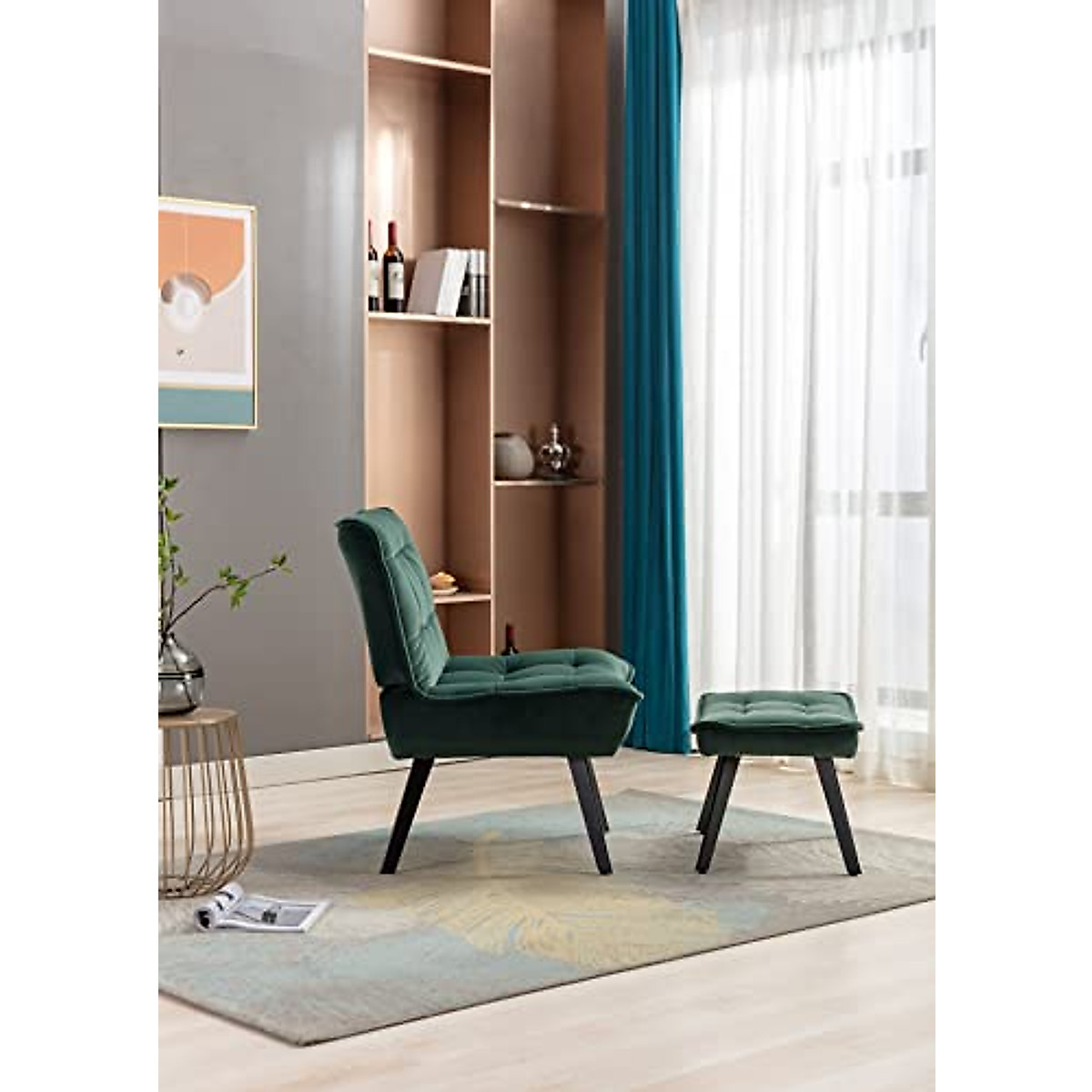 INMOZATA Modern Accent Chair Velvet Fabric Leisure Chair Armchair TV Chair Bedroom Chair with Footstool Black Legs for Indoor Home and Living Room,Dark Green