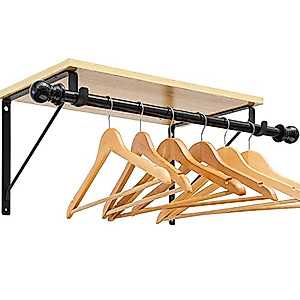 Closet Rod Brackets Heavy Duty with 46” Rod, Closet Shelf Brackets with Rod Holder, Closet Brackets for Both Shelf Storage and Closet Rod, Black Closet Shelf Support Pole Holder, 3 Pack