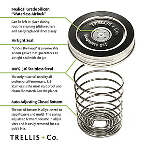 Trellis + Co. 316 Stainless Steel Fermentation Lids | 3 Silicone Waterless Fermenter Airlock Lids | Easy Lacto Fermenting Wide Mouth Mason Jar Canning Lids | Free Recipe eBook Included