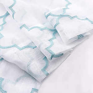 Sheer Curtains Blue 45 Inches Embroidered Moroccan Design, Rod Pocket Voile Drapes for Living room, Bedroom, Window Treatments Semi Curtain Panels for Yard, Patio, Villa, Parlor, Set of 2, 52"x 45".