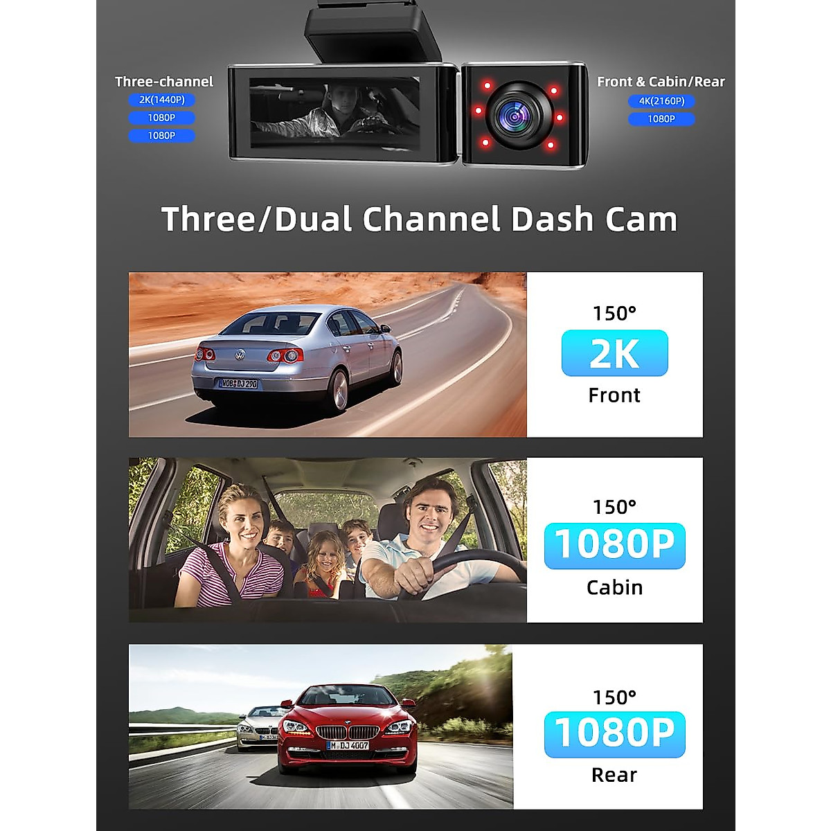 AZDOME 5G WiFi 4K 3 Channel Dash Cam, Free 64GB Card, 4K+1080P Front and Rear, 2K+1K Front and Inside, 2K+1K+1K Three Way Dash Camera, WDR IR Night Vision, 24H Parking Mode, Support 256GB Max