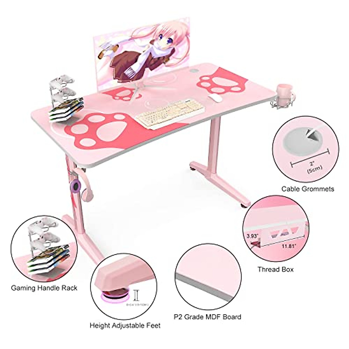 DoubleWin Pink Gaming Desk, 47 inch Gaming Table I Shaped Gaming Computer Desk for Girls, Home Office PC Computer Table Gaming Desk Pink with Cup Holder Headphone Hook and Gaming Handle Rack