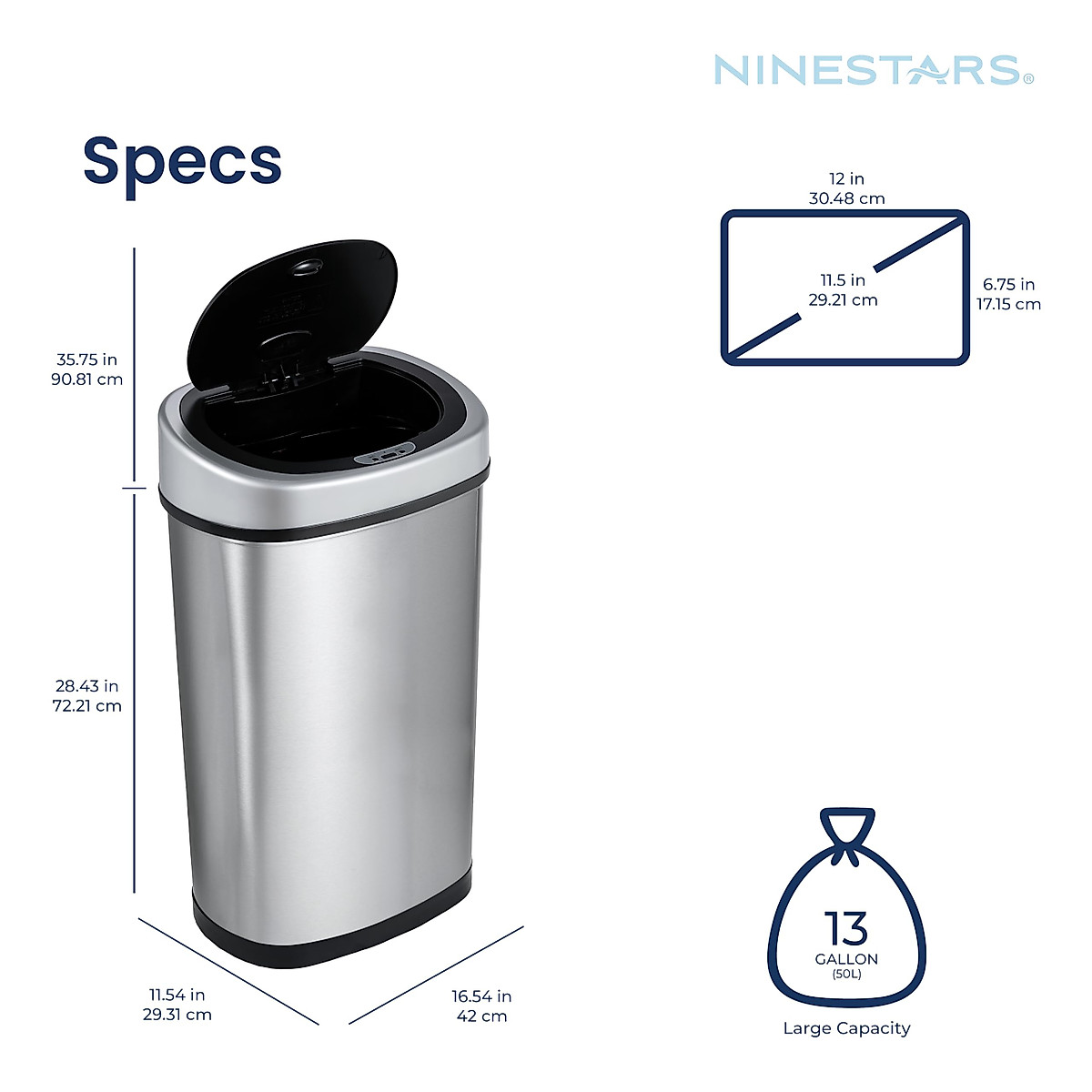 NINESTARS DZT-50-9 Automatic Touchless Infrared Motion Sensor Trash Can, 13 Gal 50L, Stainless Steel Base (Oval, Silver/Black Lid)