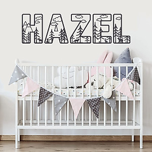 Woodland Animals Custom Name Vinyl Wall Decal Sticker Art for Boys and Girls, Mountain Trees Bedroom and Forest Theme Nursery Room Home Decor for Kids