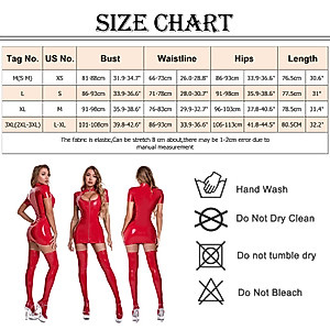 PU Leather Bodysuit for Women Hot Sexy Pleather Dress Red Latex Patent Zipper Front Short Sleeve Lingerie Leotard Stretch Shiny Wet Look Catsuit