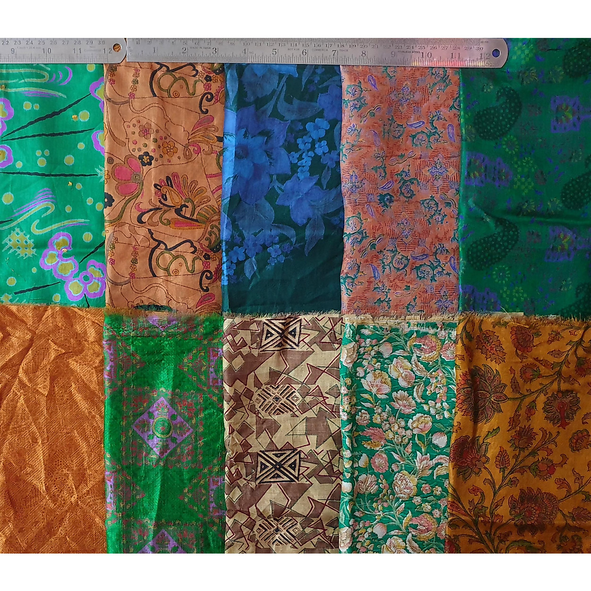 Vintage Sari Fabric 14 Pcs Brown & Green 12"*20" Silk Sari Scrap Remnants Lot for Journal Scrapbook Wrap Craft Project Jewelry Applique DIY Gift Wrap BRGR14