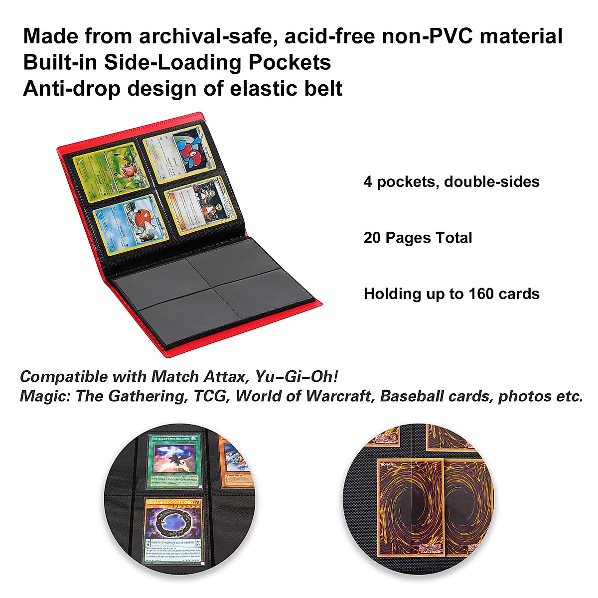 GEAoffice 4 Pocket Card Binder - 2 x 2 Trading Card Collection Album Folder - 160 Side Loading Pocket Binder for TCG, MTG, Sports&Game Cards - Gifts for Card Collector Girls (Red)