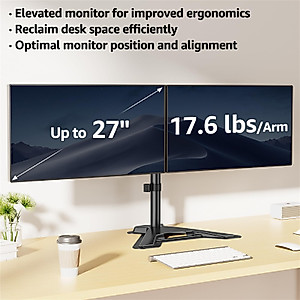 MOUNTUP Dual Monitor Stand - Freestanding & Height Adjustable Monitor Desk Mount, Steady VESA Mount Computer Monitor Stand for 2 Screens up to 27 inches, MU1002