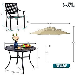 PHI VILLA 5 Pieces Patio Dining Set for 4 with 10ft Patio Umbrella, Metal Patio Circle Table Outdoor Stackable Wrought Iron Chair Set of 4 & 42" Large Round Dining Table,3 Tier Vented Beige Umbrella