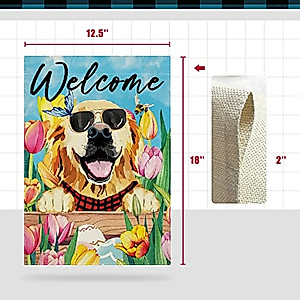 CMEGKE Spring Golden Retriever Tulip Garden Flag, Spring Golden Retriever Dog Flag, Easter Garden Flag Spring Summer Vertical Double Sided Burlap Welcome Dog Floral Holiday Party Rustic Farmhouse Yard Home Outdoor Decoration 12.5 x 18 In