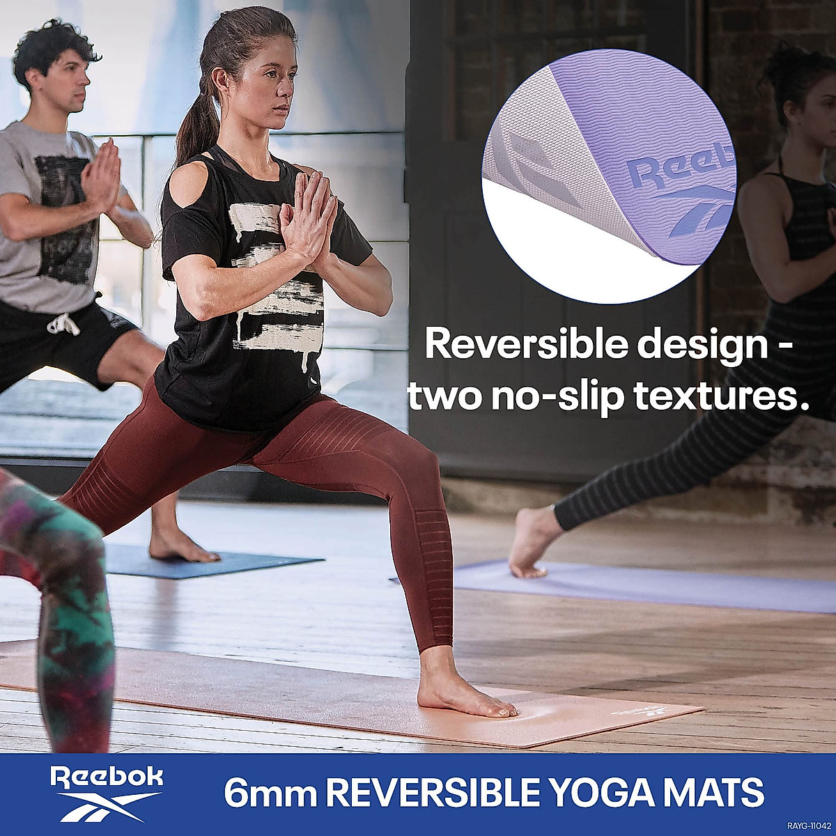 Reebok Double-Sided Yoga Mat - Lightweight, Compact, Rollable, and Cushioned Supportive Workout Mat for Yoga, Pilates, and General Exercise - Non Slip Base with Reversible Design - 6mm, Purple