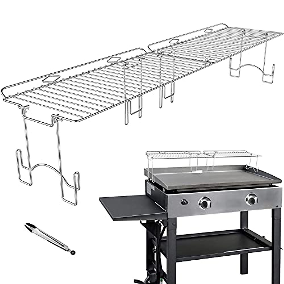 RUSFOL Durable Stainless Steel Griddle Warmimg Rack with a Food Tong, Compatible with 36" Blackstone Griddle, Keep Your Food Warm & Spa ce Saving BBQ Accessories, Free from Drill Hole&Easy to Install