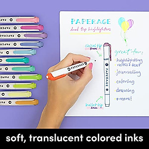 PAPERAGE Dual Tip Highlighters (3.0mm Chisel Tip + 1.0mm Round Tip), Pastel, 12 Pack Dual Tip Brush Pen Set for Highlighting Notes, Drawing, Hand-Lettering, Pens Highlight Markers Journaling and More