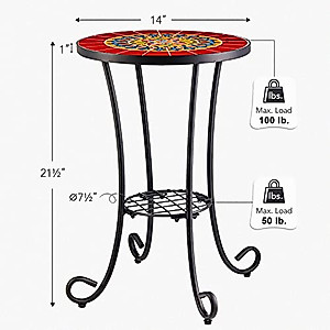 VONLUCE Patio Side Table and Plant Stand, 21" End Table with 14" Ceramic Tile Top for Porch Garden Decor, Indoor and Outdoor Mosaic Table, Living Room Bedroom Balcony Furniture for Home & Garden, Red