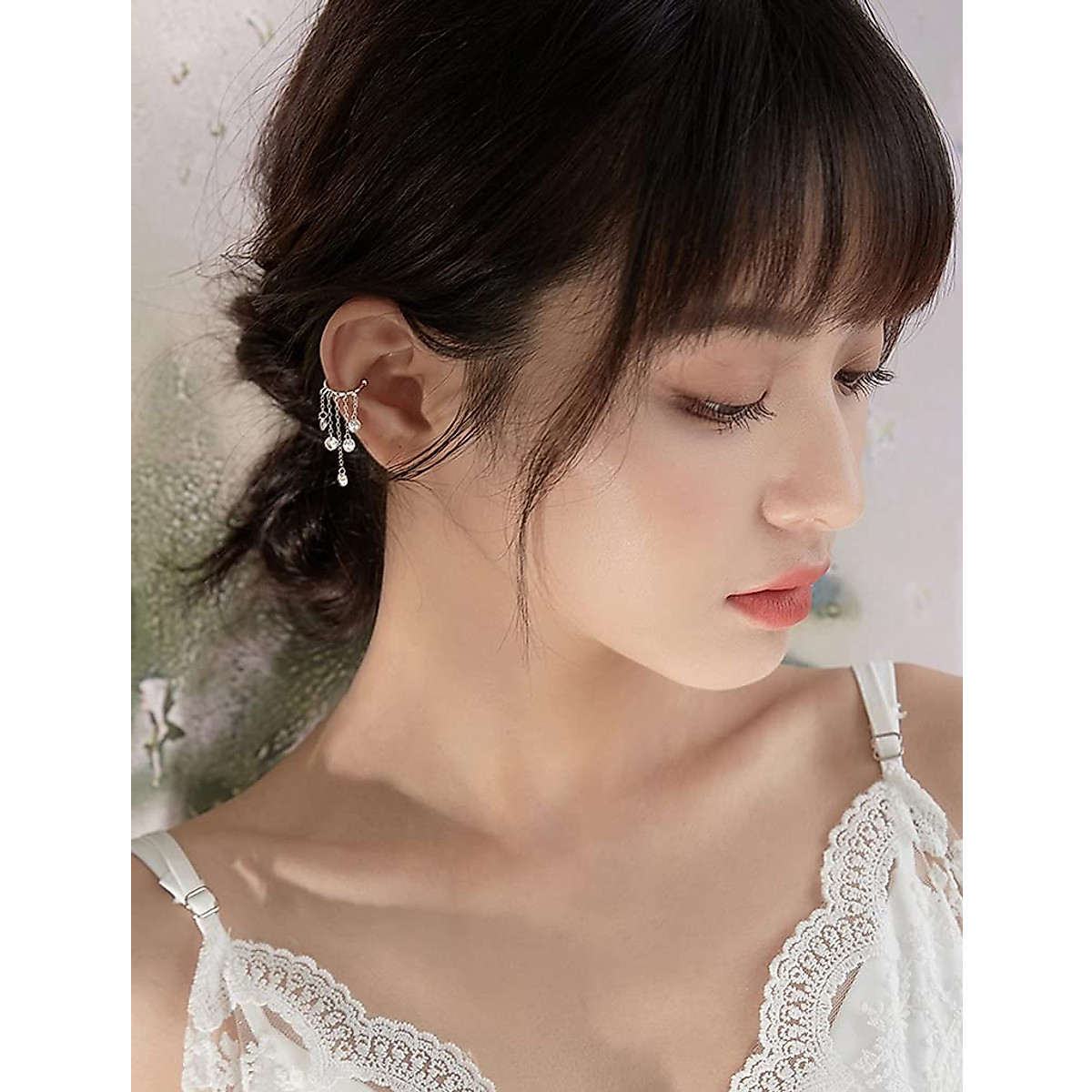 SLUYNZ 925 Sterling Silver Cuff Earrings Droplet Tassel Chain for Women No Piercing Cartilage Earrings Wrap (A-Silver)