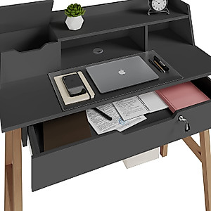 Modern Design Roma Small Desk for Bedroom, 40 inch Black Writing Desk with Hutch and Locking Drawer, by Crafts and Comfort