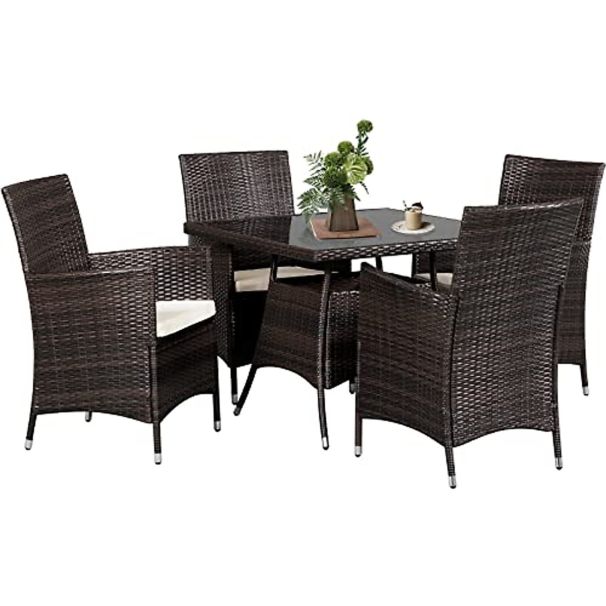 SUNCROWN 5 Piece Outdoor Dining Set All-Weather Wicker Patio Dining Table and Chairs with Cushions, Square Tempered Glass Tabletop with Umbrella Cutout for Patio Backyard Porch Garden Poolside