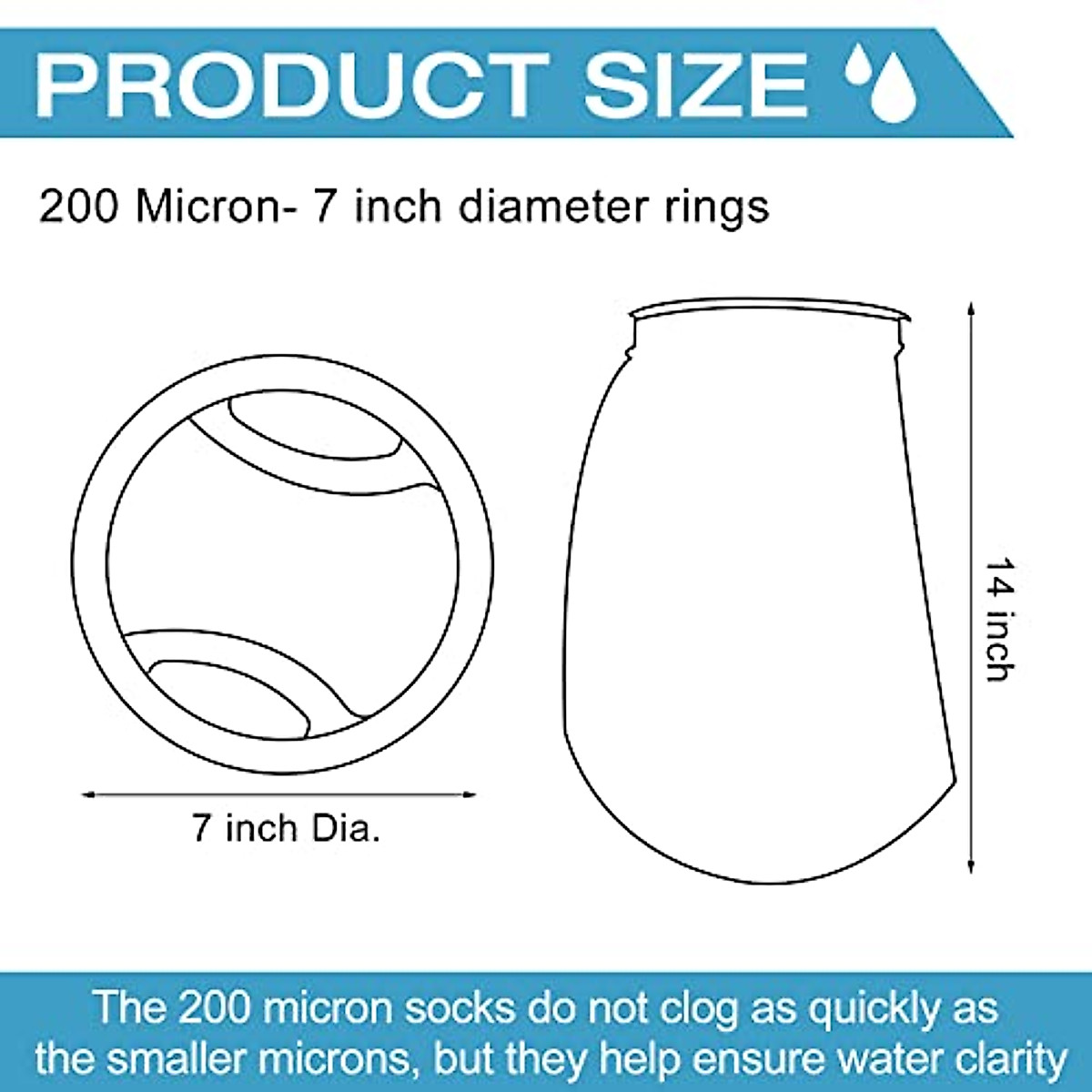 12 Pack 7 Inch Ring Felt Filter Socks 200 μm, Aquarium Felt Filter Bags, Fine Micro Fish Tank Filter, Sump Filter Sock for Saltwater Aquariums, 7 Inch Ring by 14 Inch Long