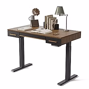 FEZIBO Mid Century Modern Electric Standing Desk with 3 Drawers, 48 x 26 Inches Whole Piece Sit Stand Up Home Office Desk, Black Walnut Top with Black Frame (2 Packages)