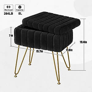 Greenstell Vanity Stool Chair Faux Fur with Storage, 15.7"L x 11.8"W x 19.4"H Soft Ottoman 4 Metal Legs with Anti-Slip Feet, Furry Padded Seat, Modern Multifunctional Chairs for Makeup, Bedroom Black